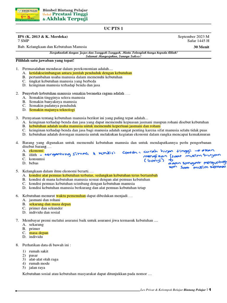 UC PTS 1 SMP Kelas 7 IPS (Kelangkaan Dan Kebutuhan Manusia-K.13 Dan K.Merdeka) | PDF