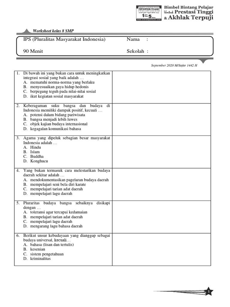 KP 3 - Worksheet IPS Kelas 8 SMP (Pluralitas Masyarakat Indonesia) | PDF