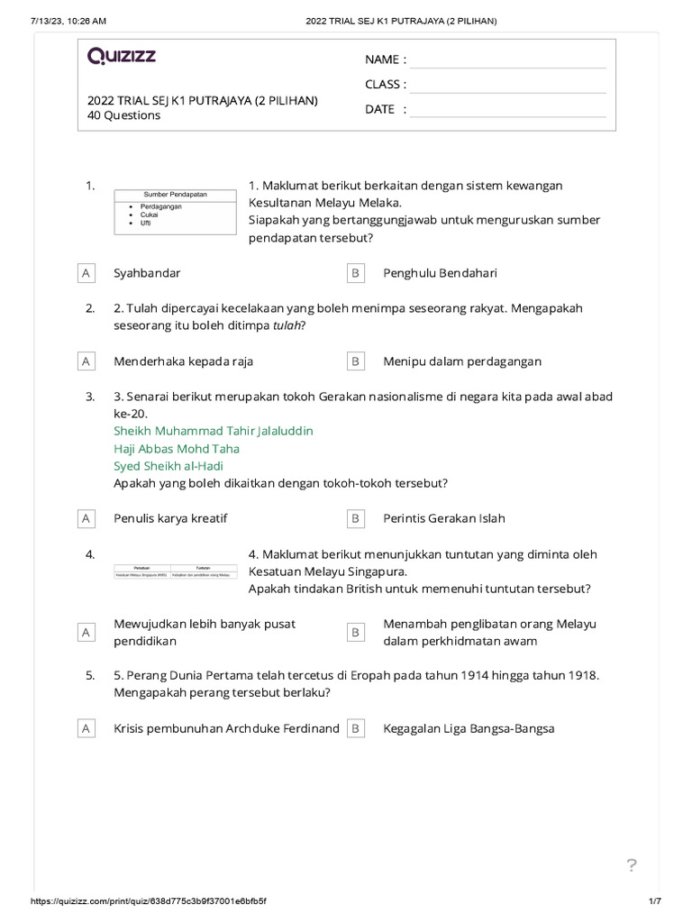2022 Trial Sej K1 Putrajaya (2 Pilihan) | PDF