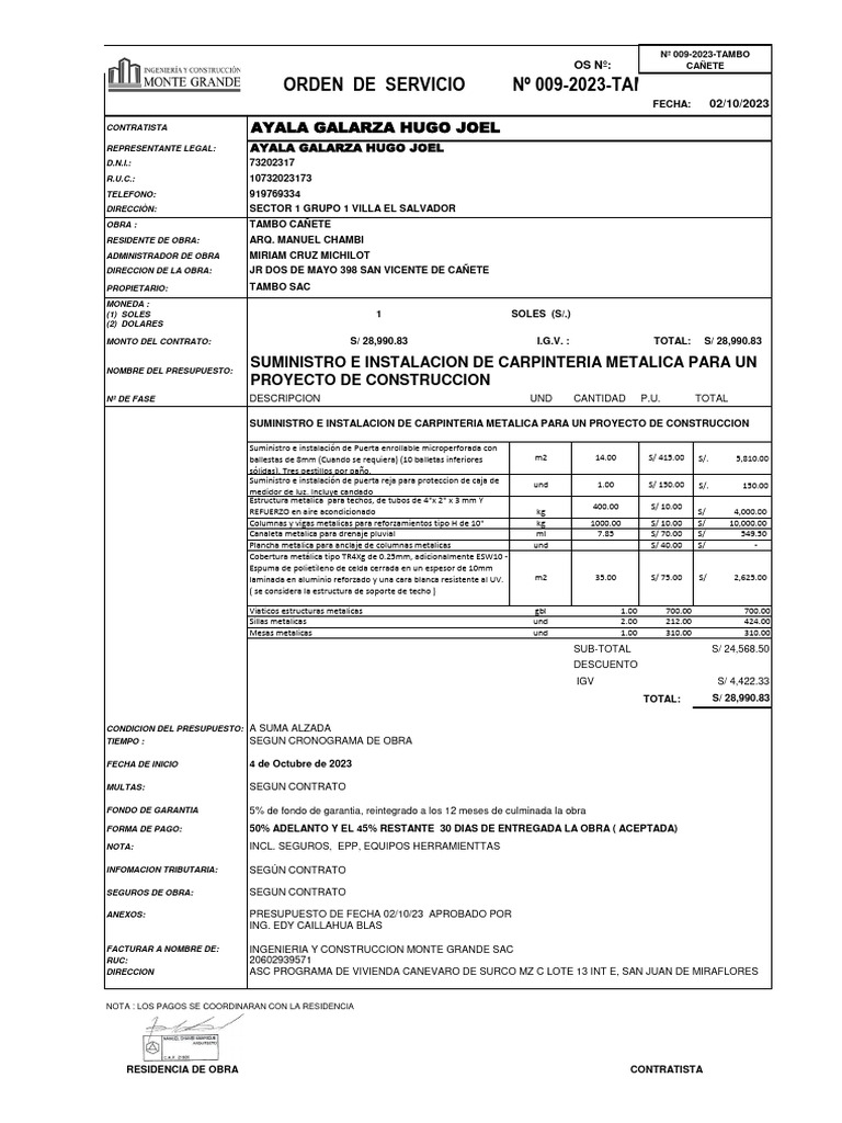 Os-009-2023 - Tambo Cañete - Hugo Ayala - Carpinteria-1 | PDF