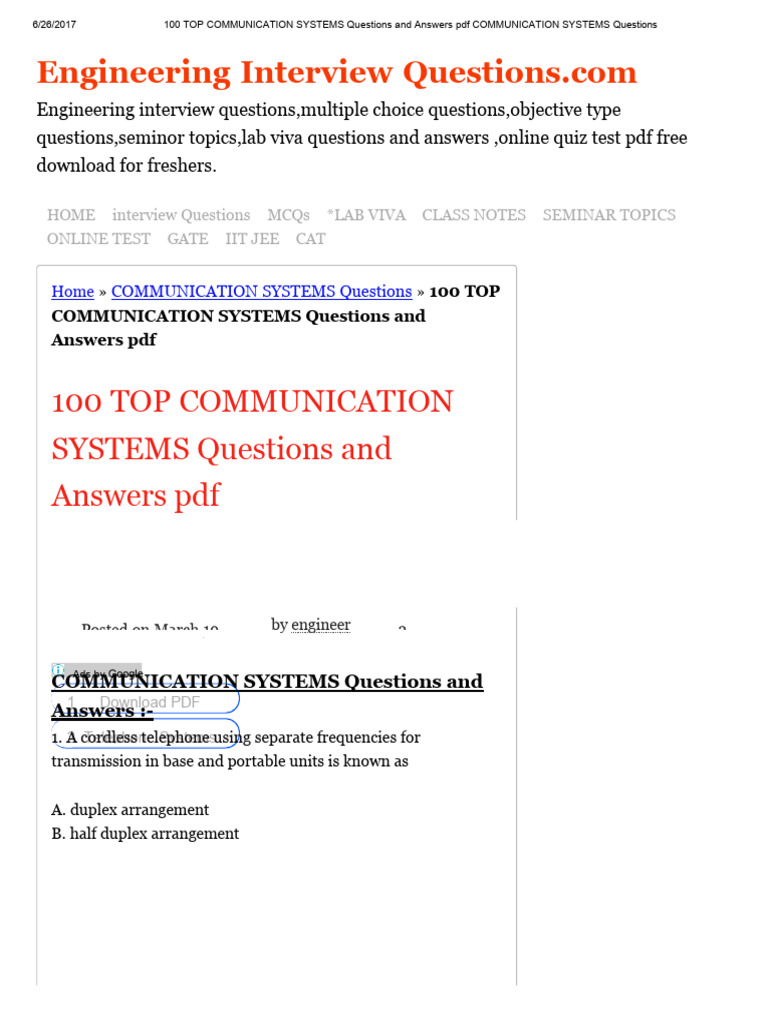 100 Top Communication Systems Questions and Answers PDF Communication ...