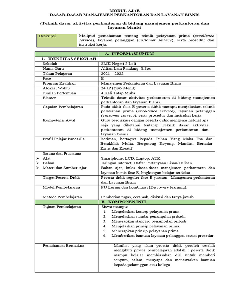 Bab. 4.1 Modul Ajar Dasar-Dasar Manajemen Perkantoran Dan Layanan Bisnis | PDF
