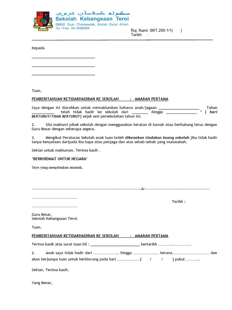 Surat Amaran Ponteng Sekolah | PDF