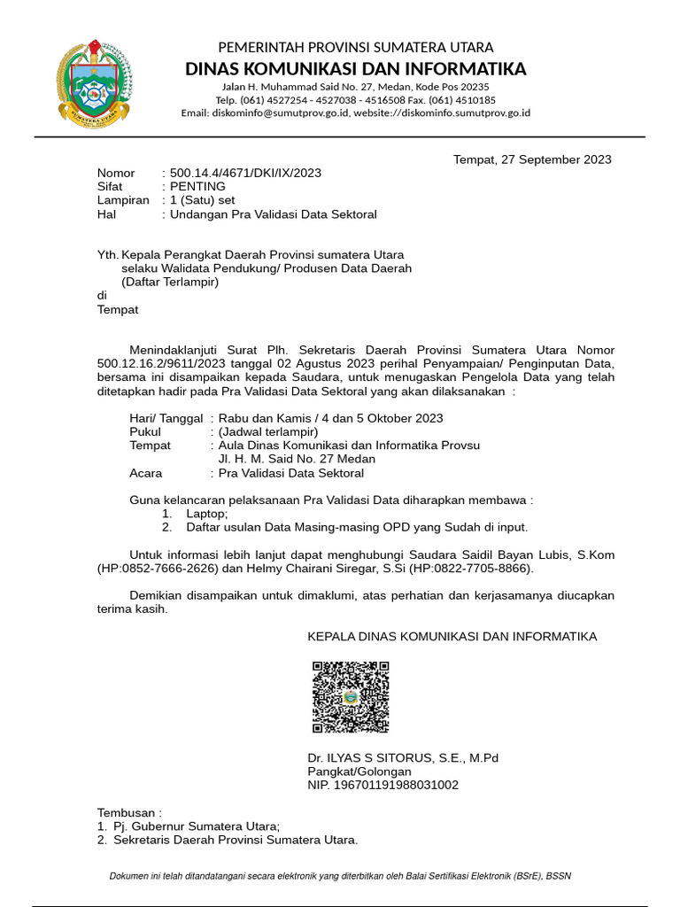 Undangan Pra Validasi Data Sektoral | PDF