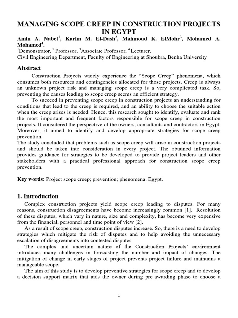 Managing Scope Creep in Construction Projects in Egypt | PDF