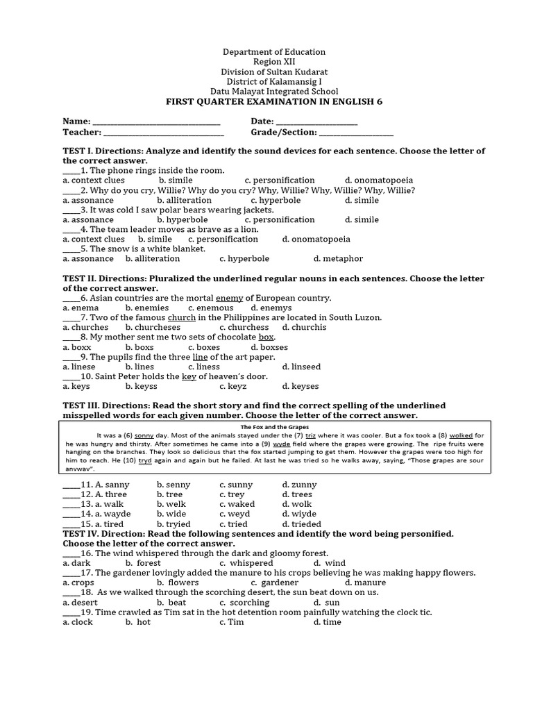 1st Quarter Test in English 6 With Tos & Key To Correction | PDF