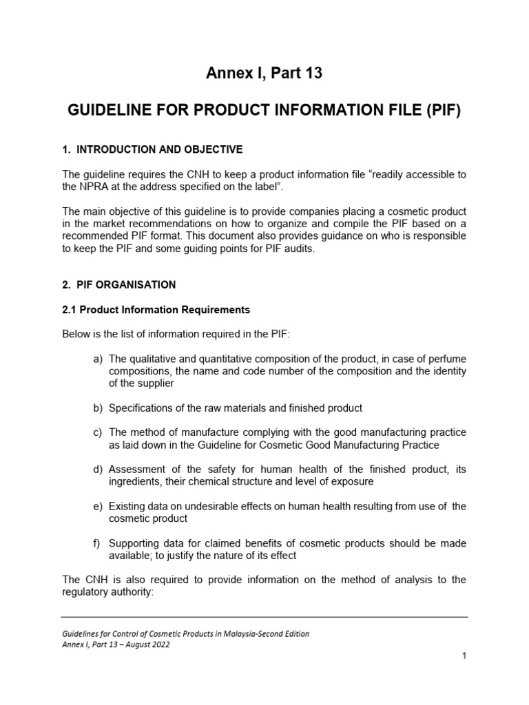 Annex I Part 13-GUIDELINE FOR PRODUCT INFORMATION FILE PIF | PDF | Cosmetics | Specification ...