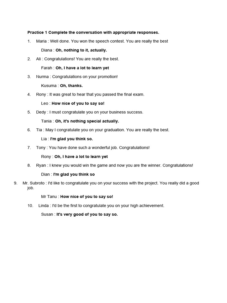 Practice 1 Complete the conversation with appropriate responses | PDF