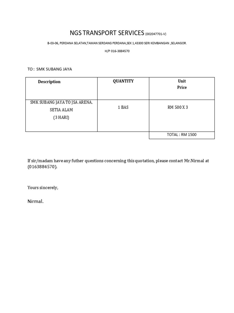 Ngs Transport Services Quotation | PDF