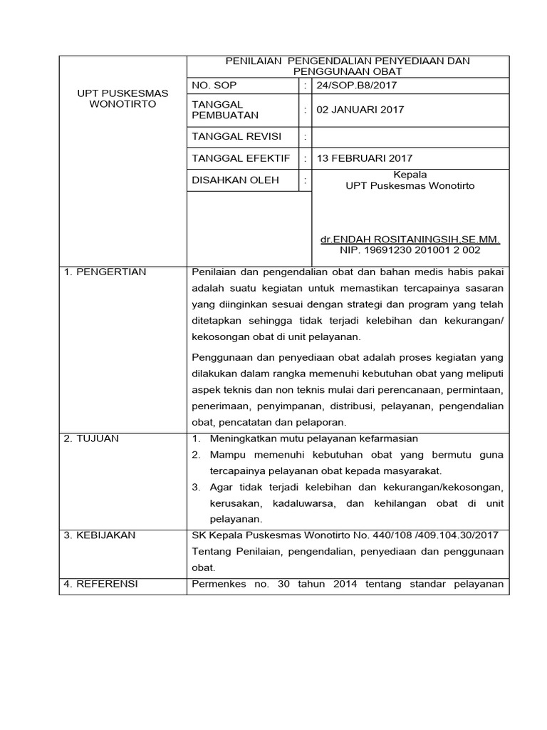 8 2 1 1 b SOP PENILAIAN PENGENDALIAN PENYEDIAAN DAN PENGGUNAAN OBAT PDF