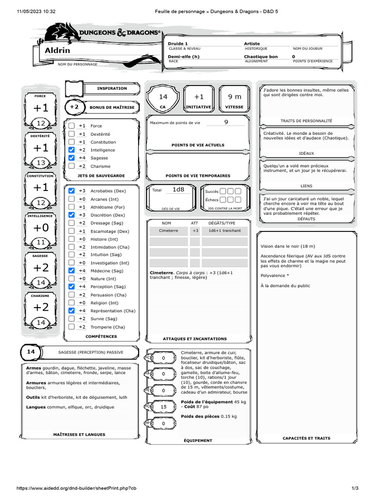 Aldrin Druide Feuille de Personnage Dungeons & Dragons - D&D 5 | PDF
