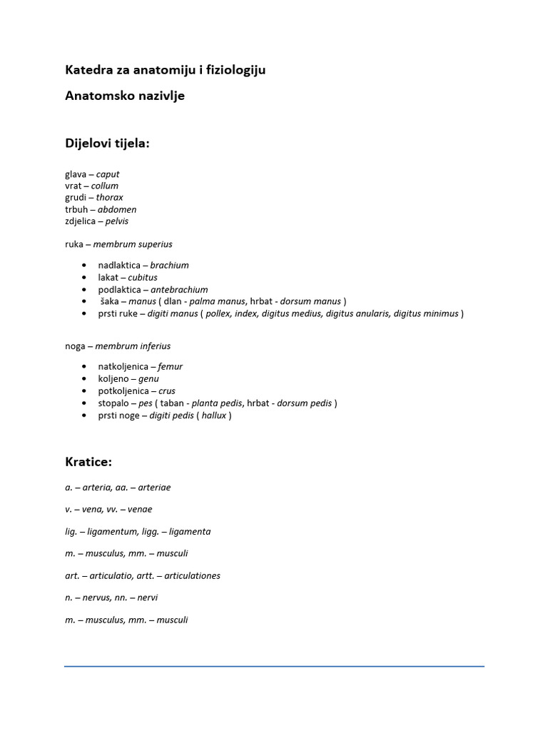 Dijelovi Tijela - Latinsko Nazivlje | PDF