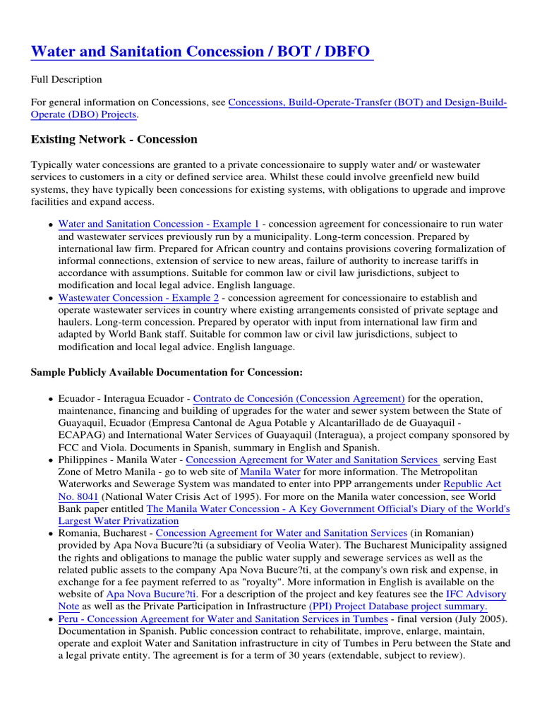 Water and Sanitation Concession BOT DBFO | PDF