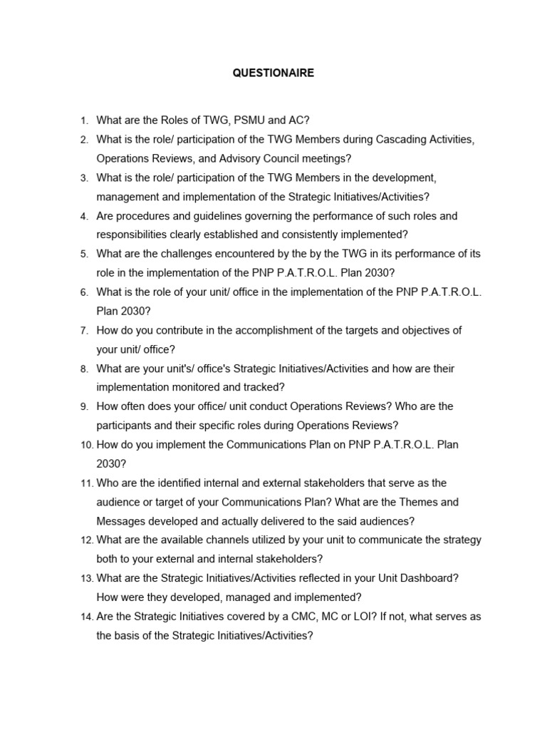 Sample QUESTIONAIRE for PEP | PDF