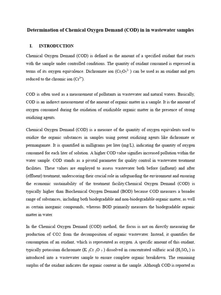 Determination of Chemical Oxygen Demand (COD) in in Wastewater Samples ...
