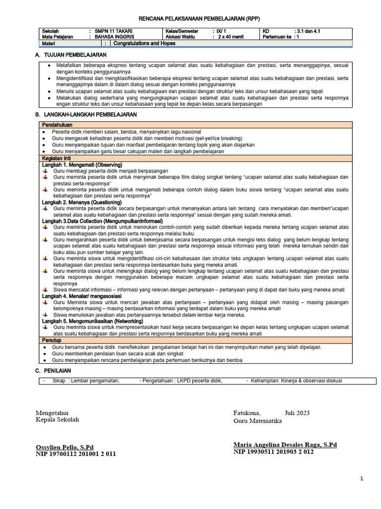 RPP Bing Kelas Ix | PDF