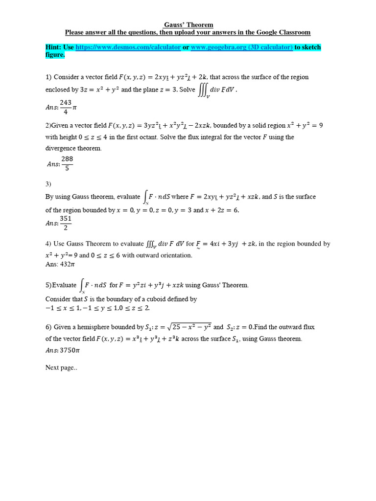 EXERCISE GAUSS' THEOREM | PDF