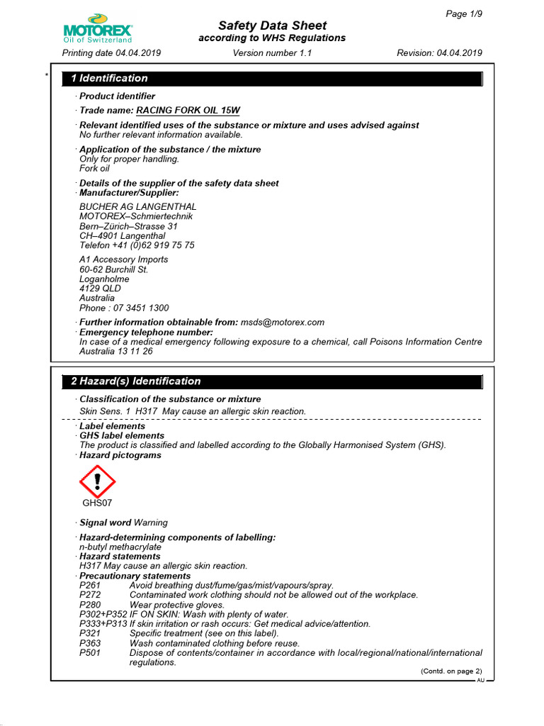 Motorex MSDS RacingForkOil 15W AU | PDF
