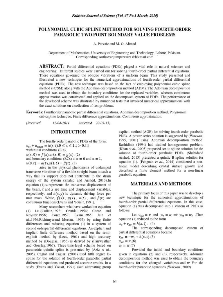 Polynomial Cubic Spline Method For Solving Fourth-Order Parabolic Two Point Boundary Value ...