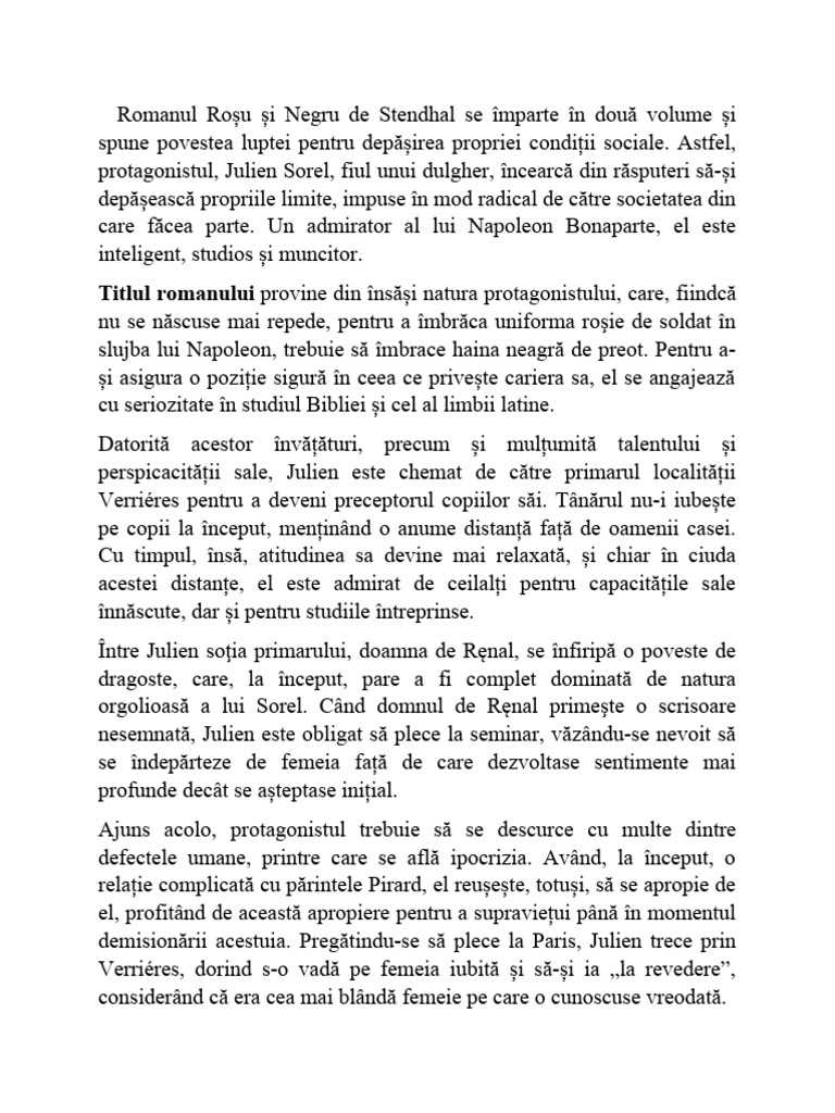 Roșu Negru de Stendhal Rezumat | PDF