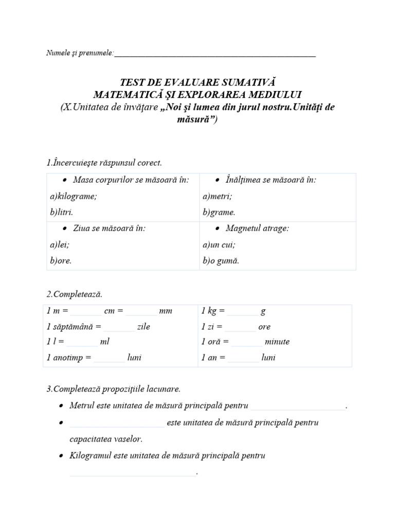 Test de Evaluare Unitati de Masura | PDF