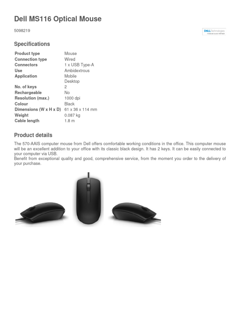 Dell MS116 Optical Mouse: Specifications | PDF
