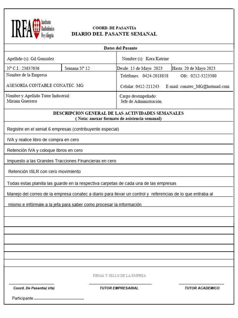 Diario Del Pasante. Asistencia S-12 | PDF