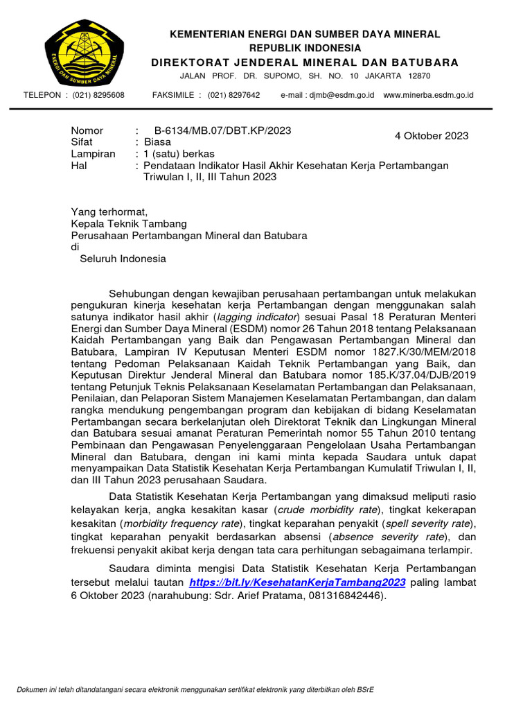 SD-DBT-Seluruh KTT - Surat Edaran Pendataan Indikator Kesehatan Kerja - 4 Oktober 2023 | PDF