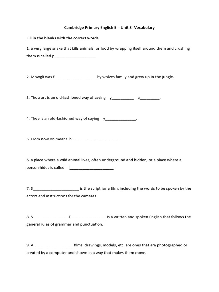 Cambridge Primary English 5 - Unit 4 Vocab Ws | PDF