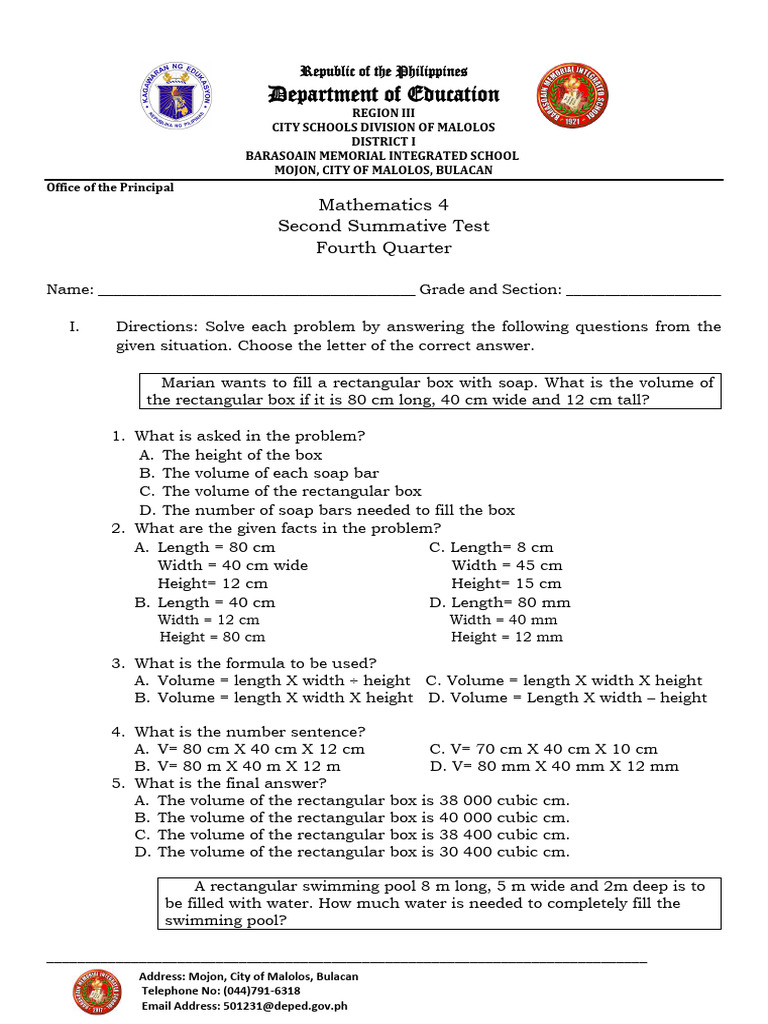 Math 4 Q4 Summative Test No.2 (1) | PDF