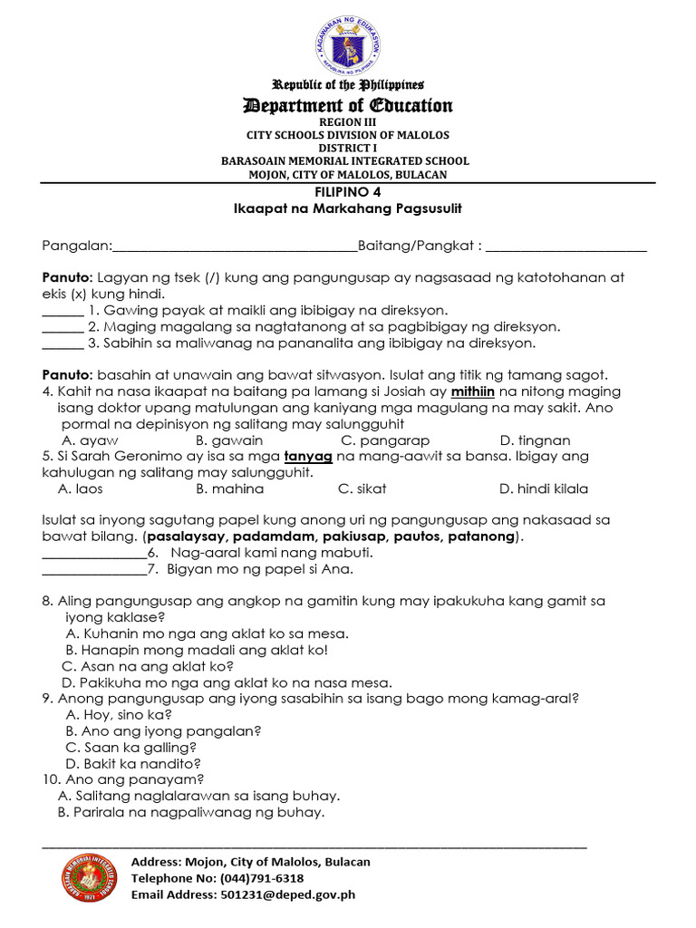 Filipino 4 Ikaapat Na Markahang Pagsusulit | PDF