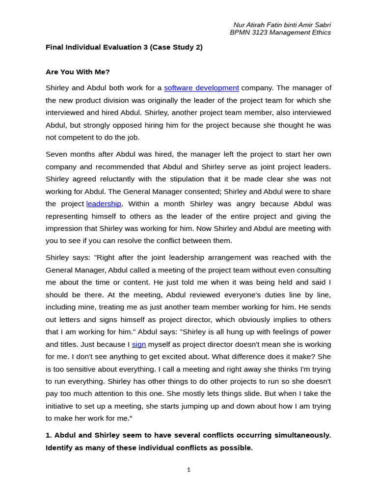 Conflict Management Case Study Management Ethics Pdf Leadership