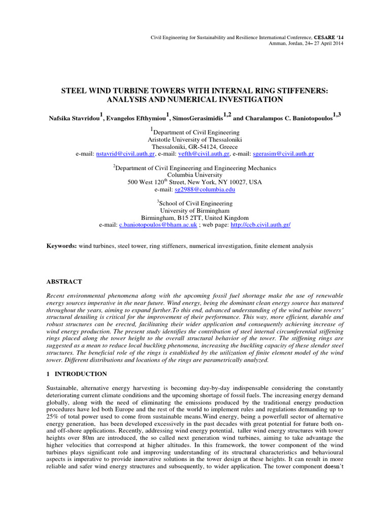 Steel Wind Turbine Towers With Internal Ring Stiffeners: Analysis and Numerical Investigation | PDF