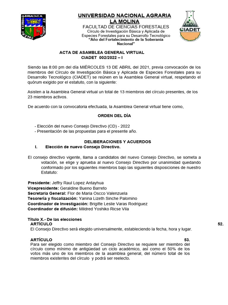 Acta Asamblea CIADET 2022 - UNALM | PDF