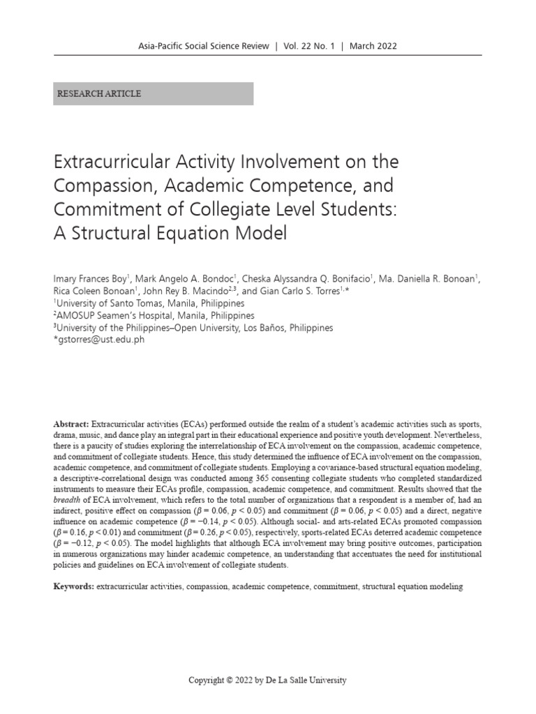 9 Extracurricular Activity Involvement On The Compassion Academic Competence and Commitment of ...