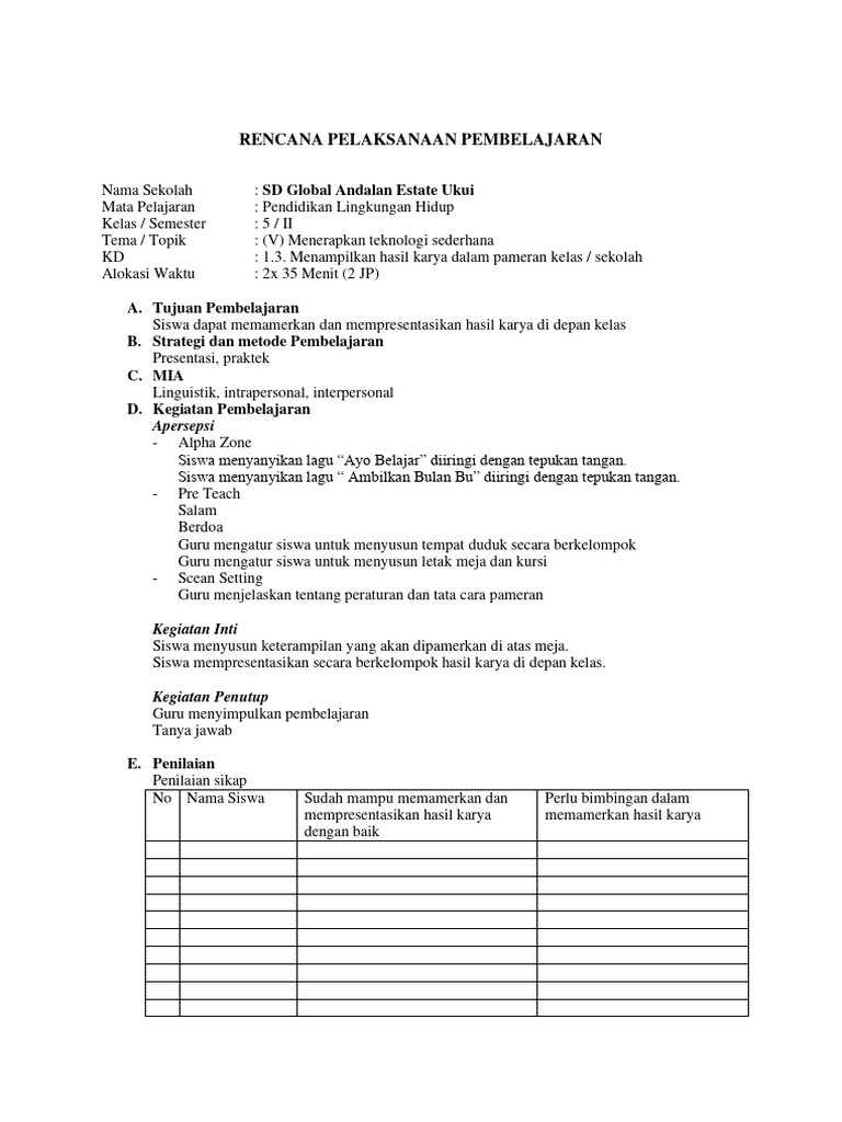 RPP PLH Kelas 5 SMT 2 (Pameran Hasil Karya) | PDF