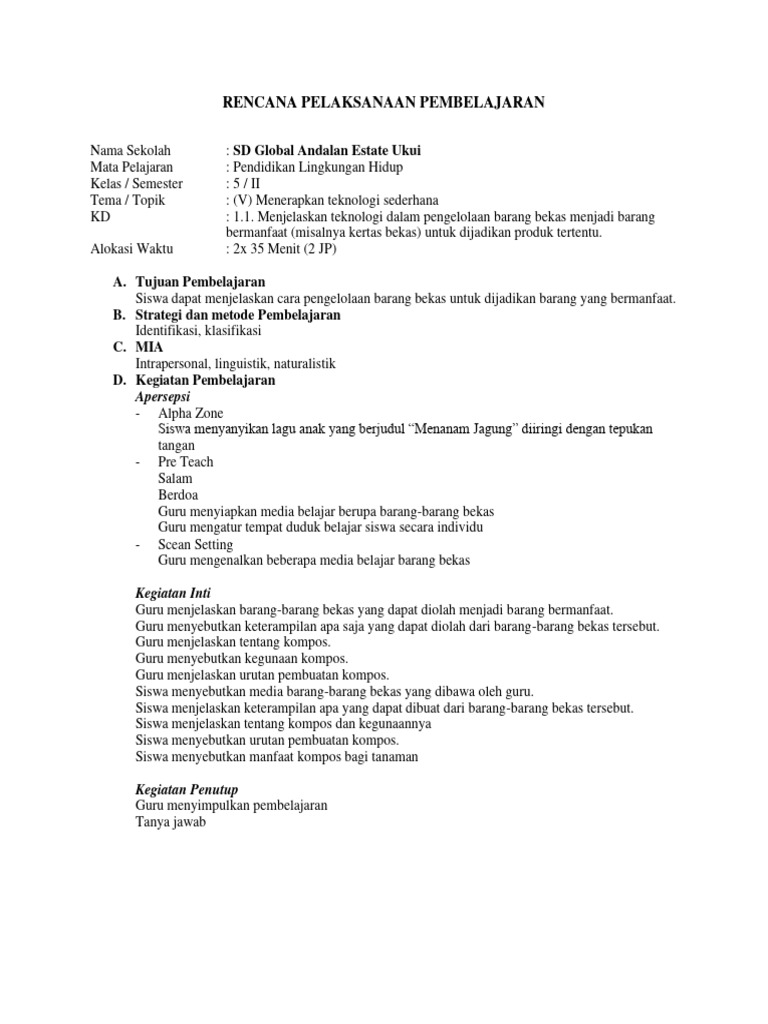 RPP PLH Kelas 5 SMT 2 (Pembuatan Kompos) | PDF