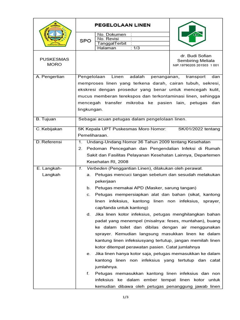 Spo Pengelolaan Linen Moro | PDF