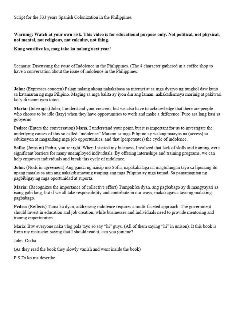 Script For The 333 Years Spanish Colonization in The Philippines | PDF