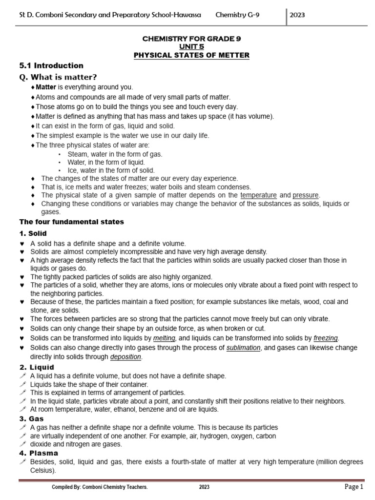 Chemistry For Grade-9 Unit-5 | PDF | Gases | Liquids