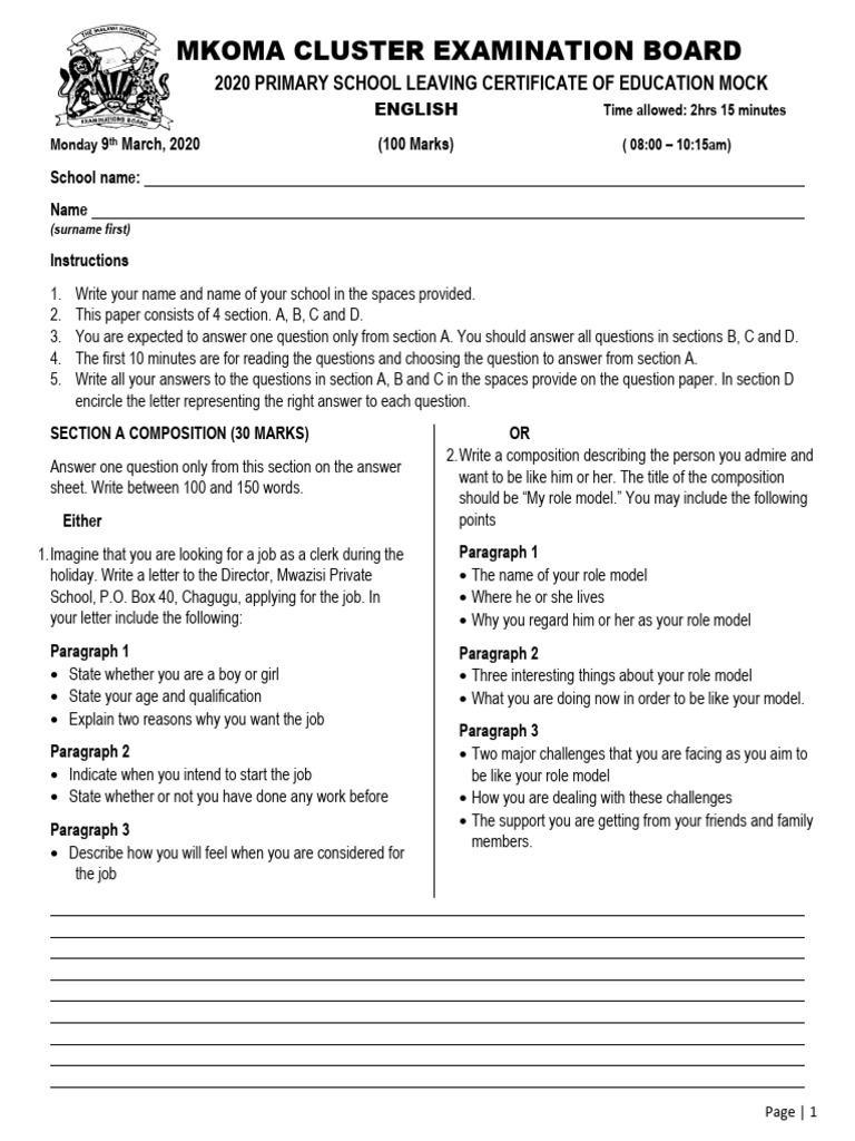 2020 Primary School English Mock Exam | PDF | Adverb | Adjective