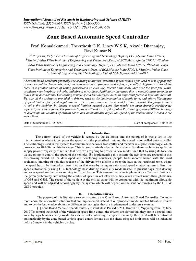 Zone Based Automatic Speed Controller: Prof. Komalakumari, Theerthesh G ...