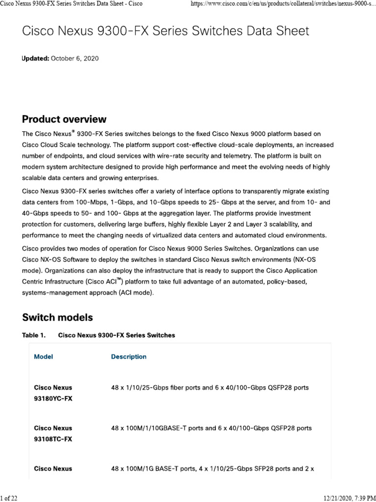 Cisco Nexus 9300-FX Series Switches Data Sheet | PDF