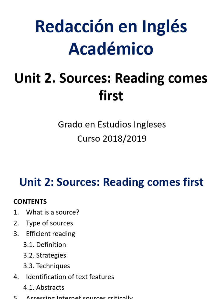 Week 2 - Unit 2 - Sources, Reading Comes First | PDF