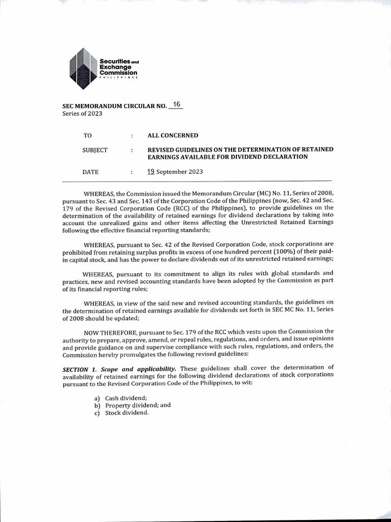 2023CM - SEC MC No. 16, S. of 2023 Revised Guidelines On The Determination of Retained Earnings ...