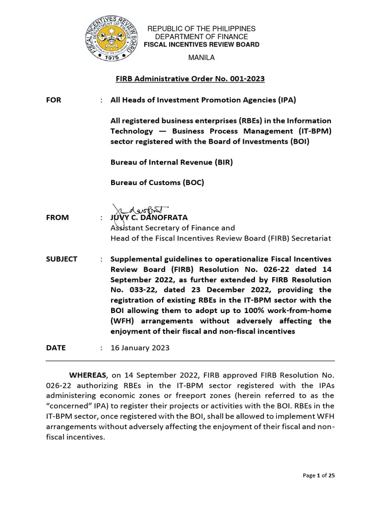 FIRB Administrative Order No. 001-2023 | PDF