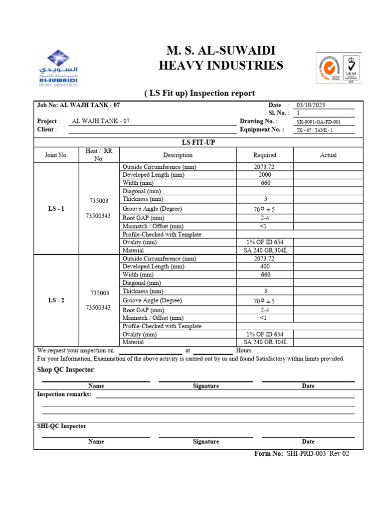 LS Fit Up Inspection Report 03.10.2023 | PDF