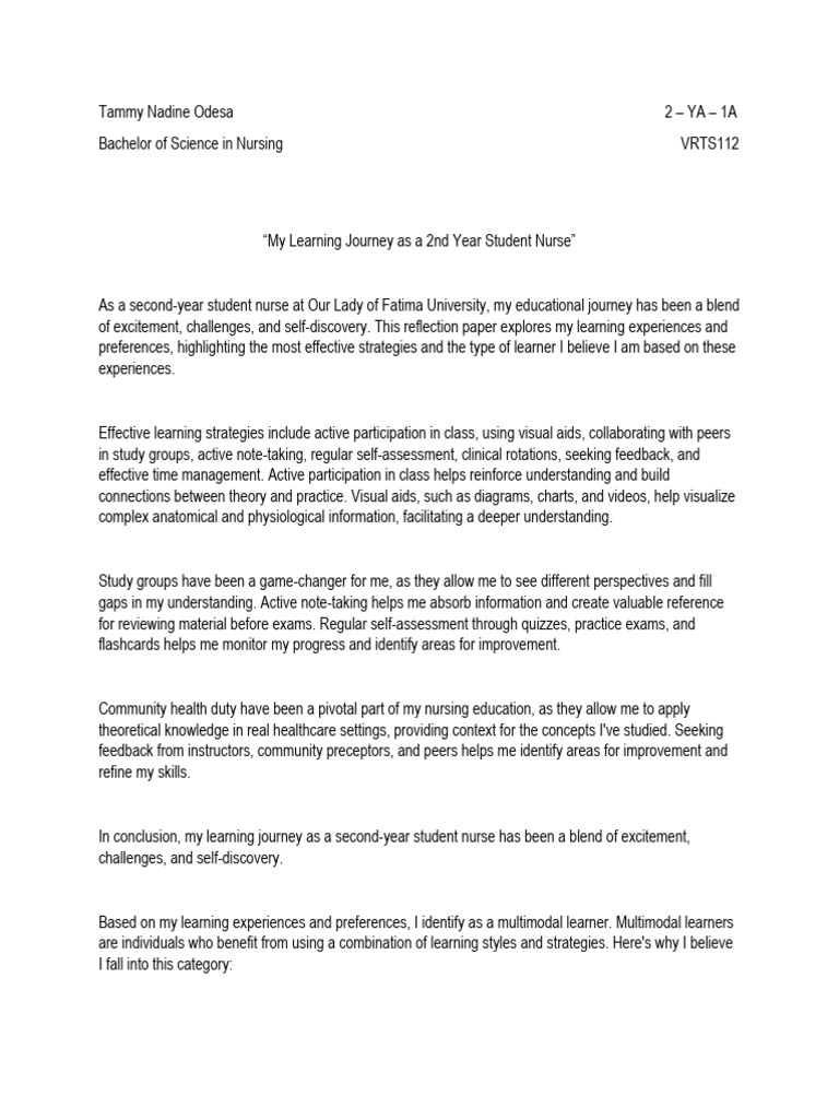 Tammy Odesa - My Learning Journey As A 2nd Year Student Nurse - VRTS 112 PRELIMS - REFLECTION ...