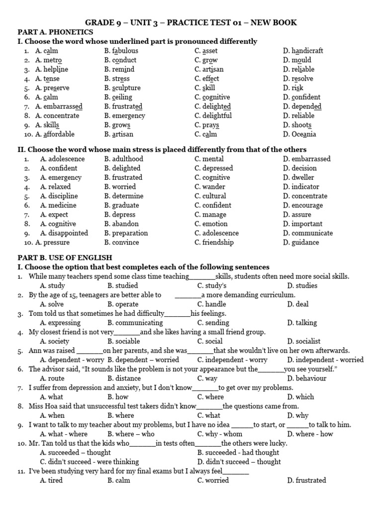 Grade 9 - Unit 3 - NE - Practice Test 01 | PDF