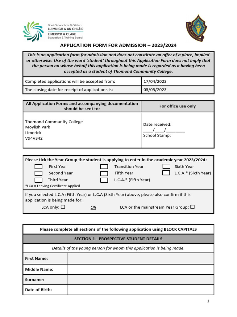 TCC Transfer Application Form 2023 | PDF
